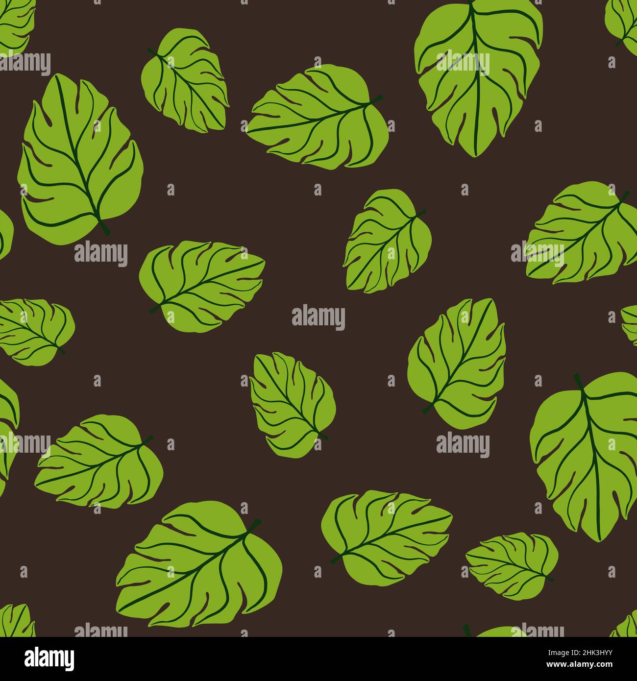 Random tropic nature seamless doodle pattern with bright green monstera ...