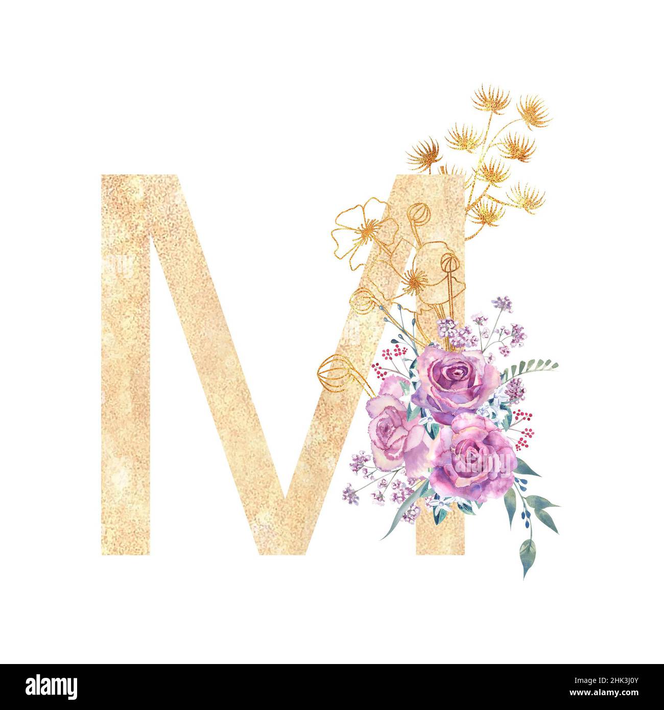 Golden letter M of the English alphabet with a bouquet of purple roses ...