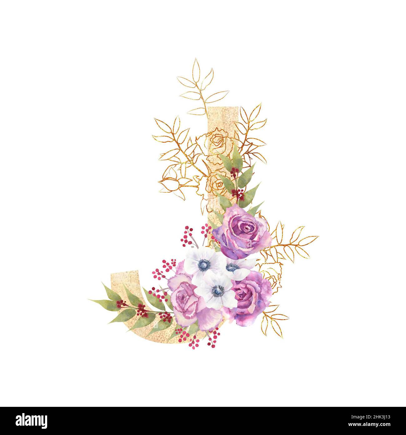 Golden letter J of the English alphabet with a bouquet of purple roses ...