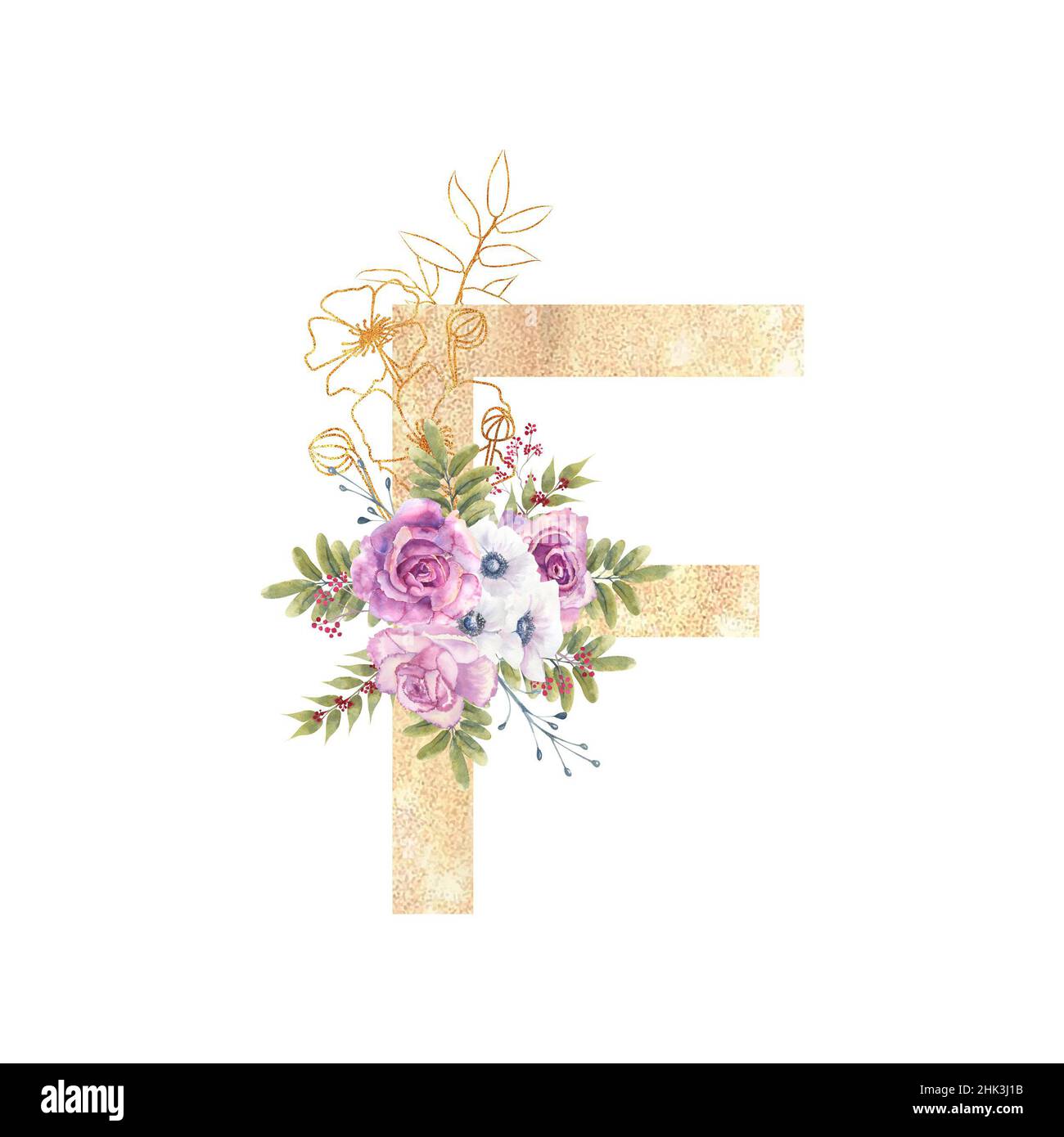 Golden letter F of the English alphabet with a bouquet of purple roses ...