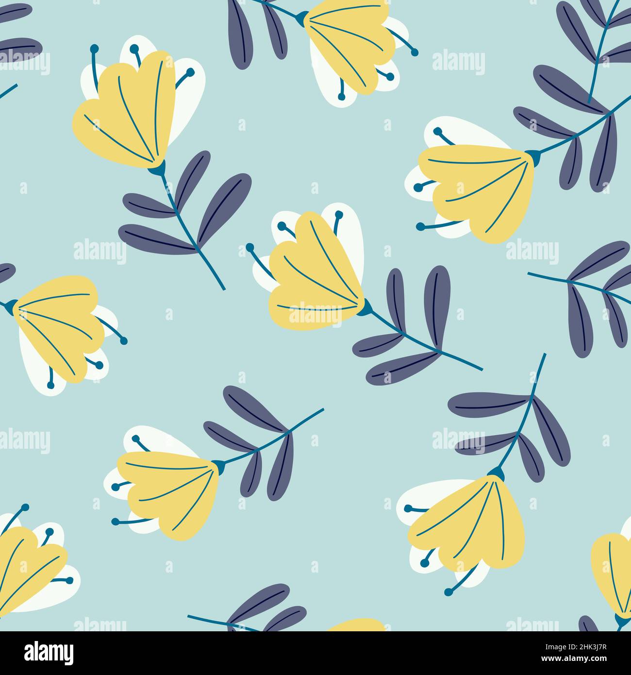 Yellow random flower silhouettes seamless pattern in doodle style ...