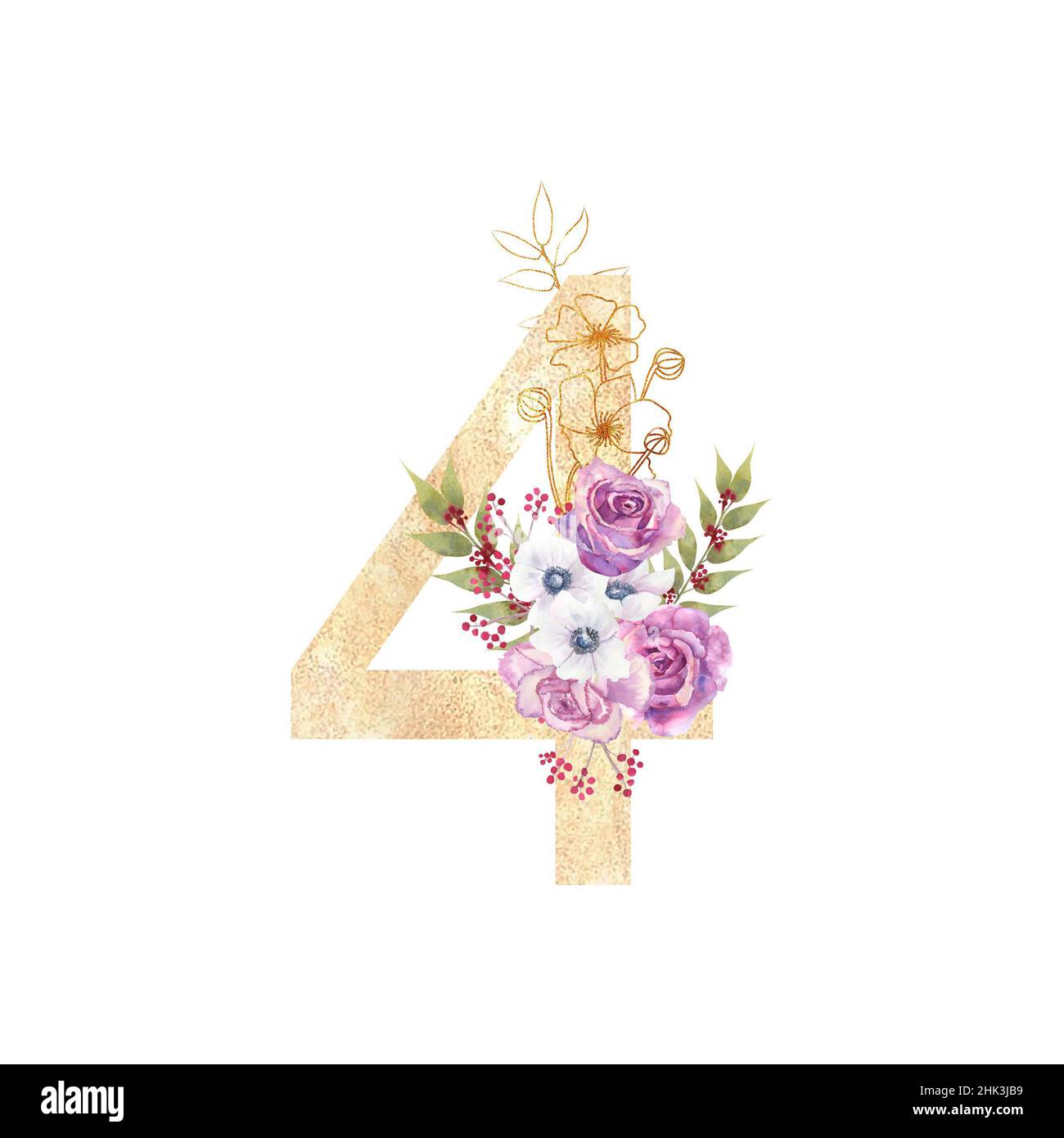 Design of a golden number 4 with flower bouquets of purple roses ...