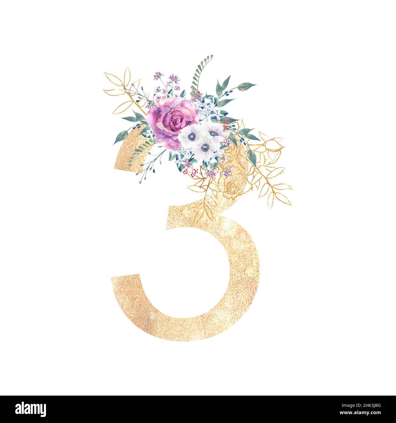 Design of a golden number 3 with flower bouquets of purple roses ...