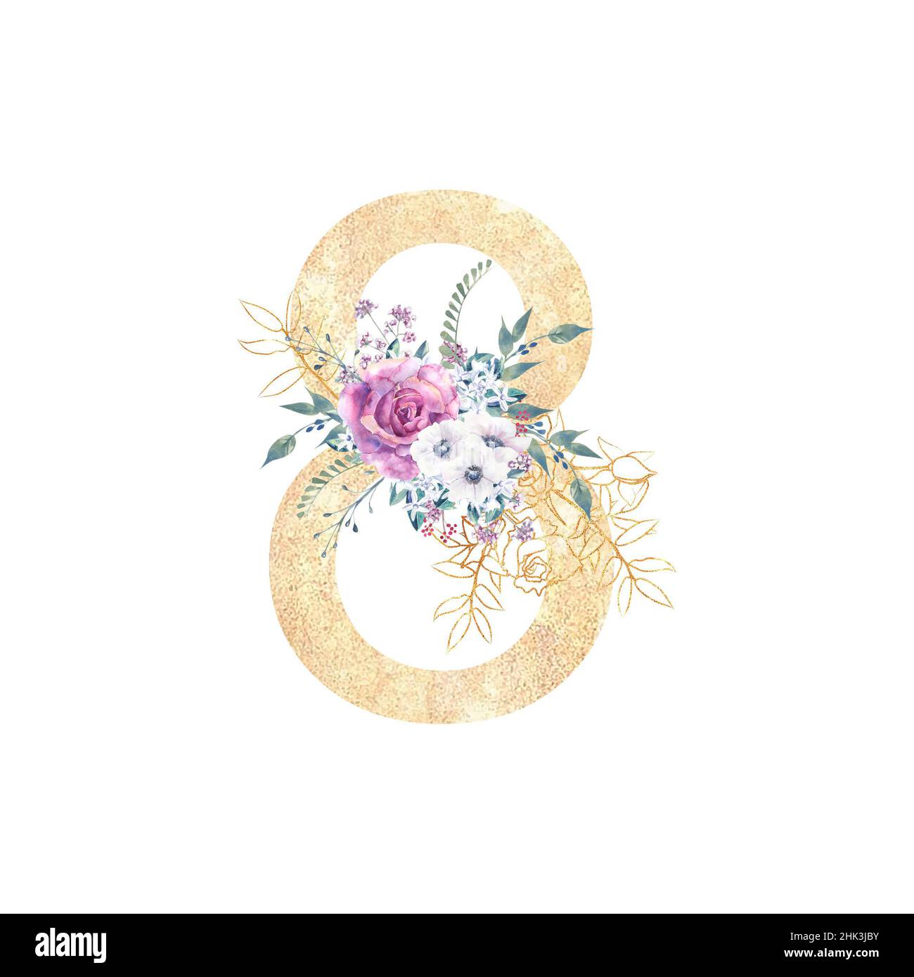 Design of a golden number 8 with flower bouquets of purple roses ...