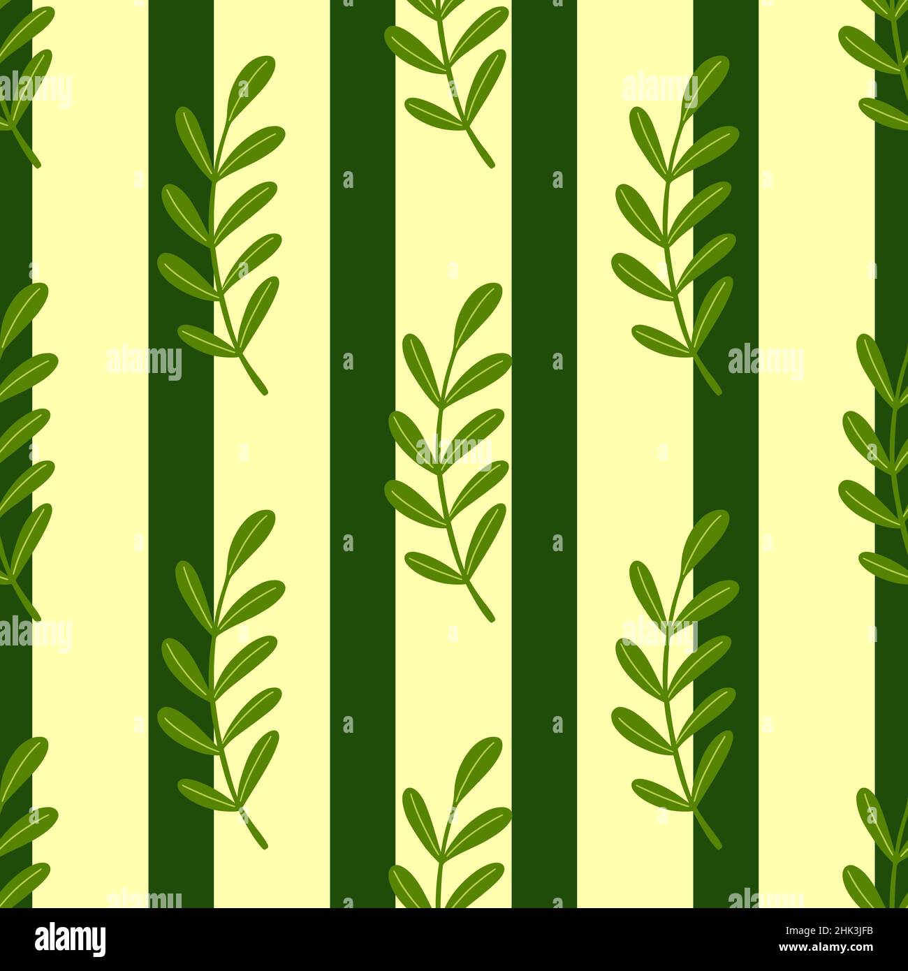 Scrapbook seamless botanic pattern with simple leaf banches ornament. Green striped background ...