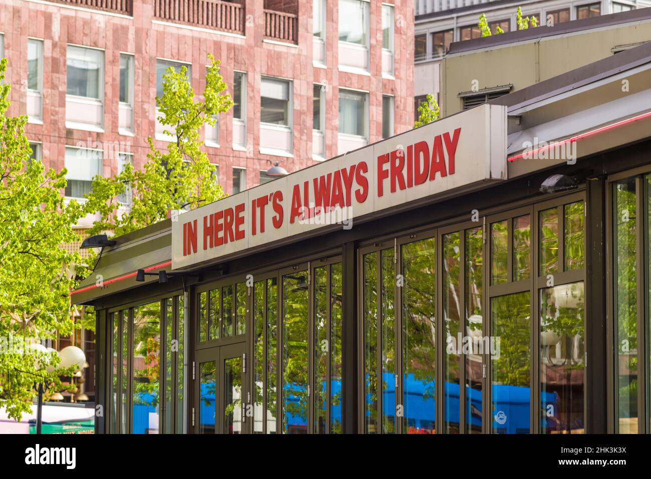 Sweden, Stockholm, In Here Its Always Friday, bar sign, downtown Stock ...