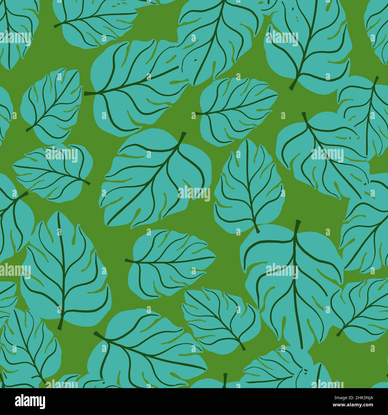 Bright turquoise random palm monstera leaf ornament seamless pattern ...