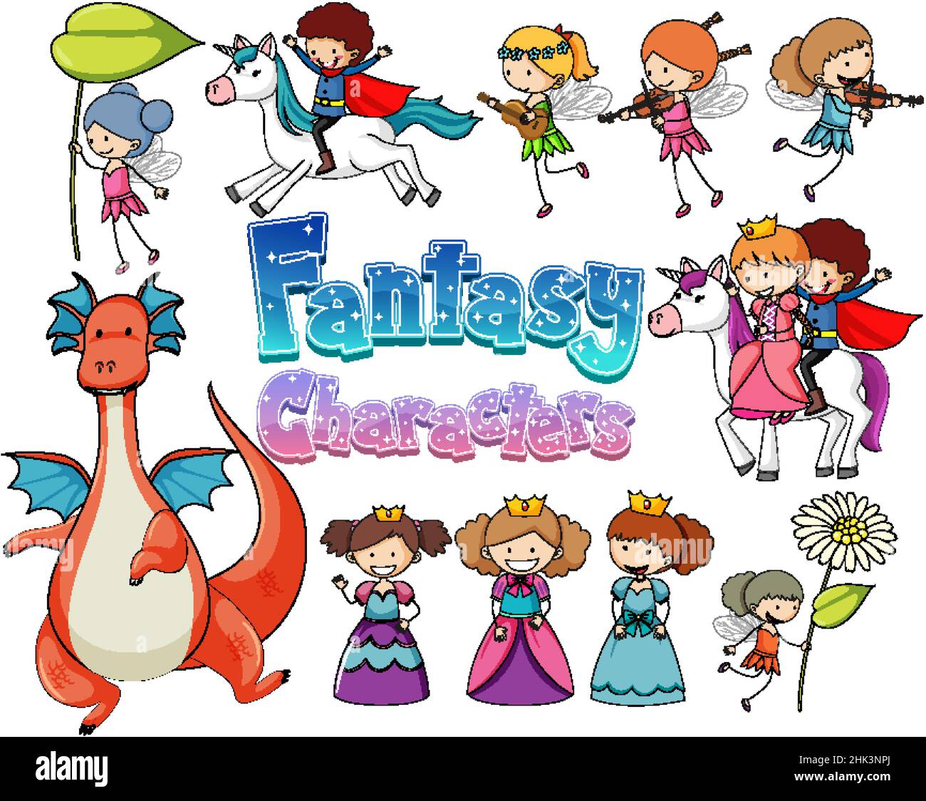 Set of dragons and fairy tale cartoon characters illustration Stock ...