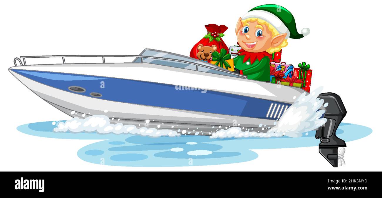 Christmas elf on speed boat with his gifts illustration Stock Vector ...