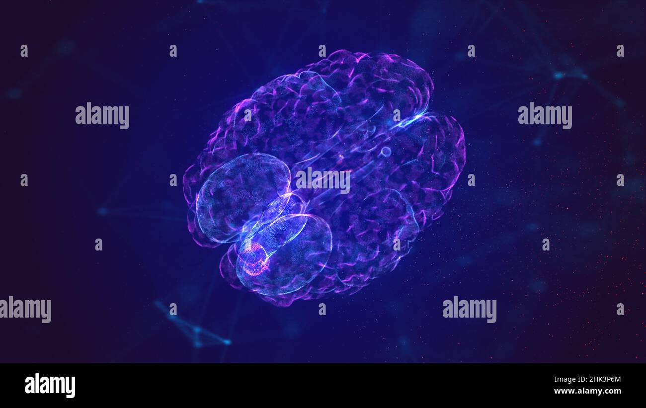 Glowing Human brain made of neon particles. Bright magic brain health ...