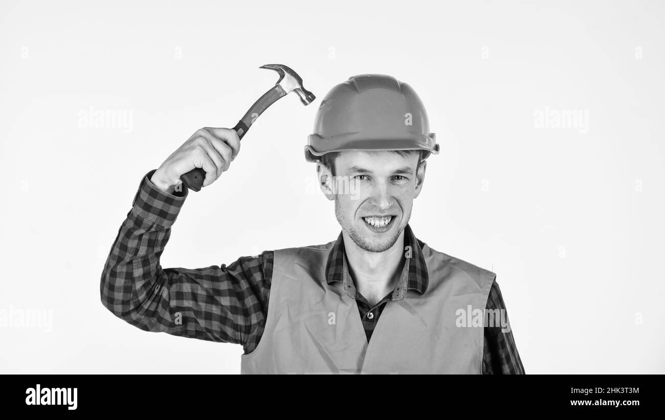 Man repair master knoking own head claw hammer, blockhead concept Stock ...