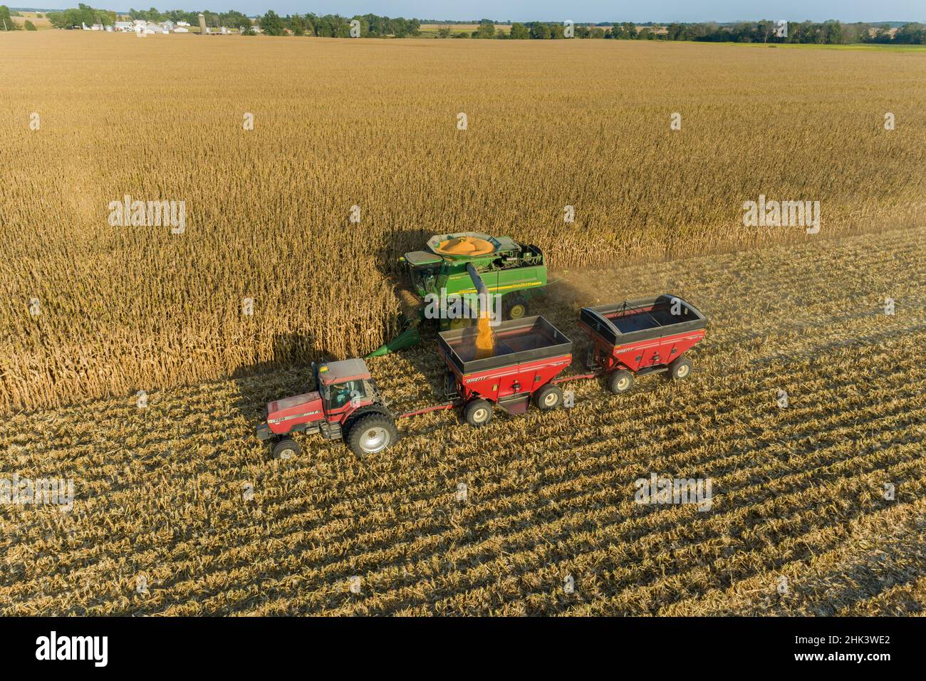 Aerial view of combine harvesting corn and unloading into gravity ...