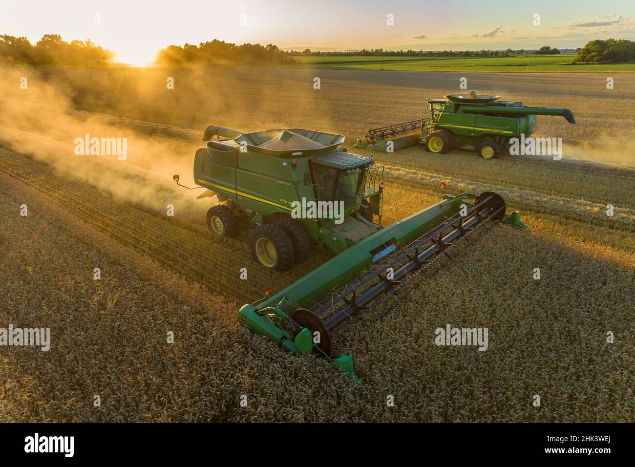 Aerial view of combines harvesting wheat at sunset, Marion County ...