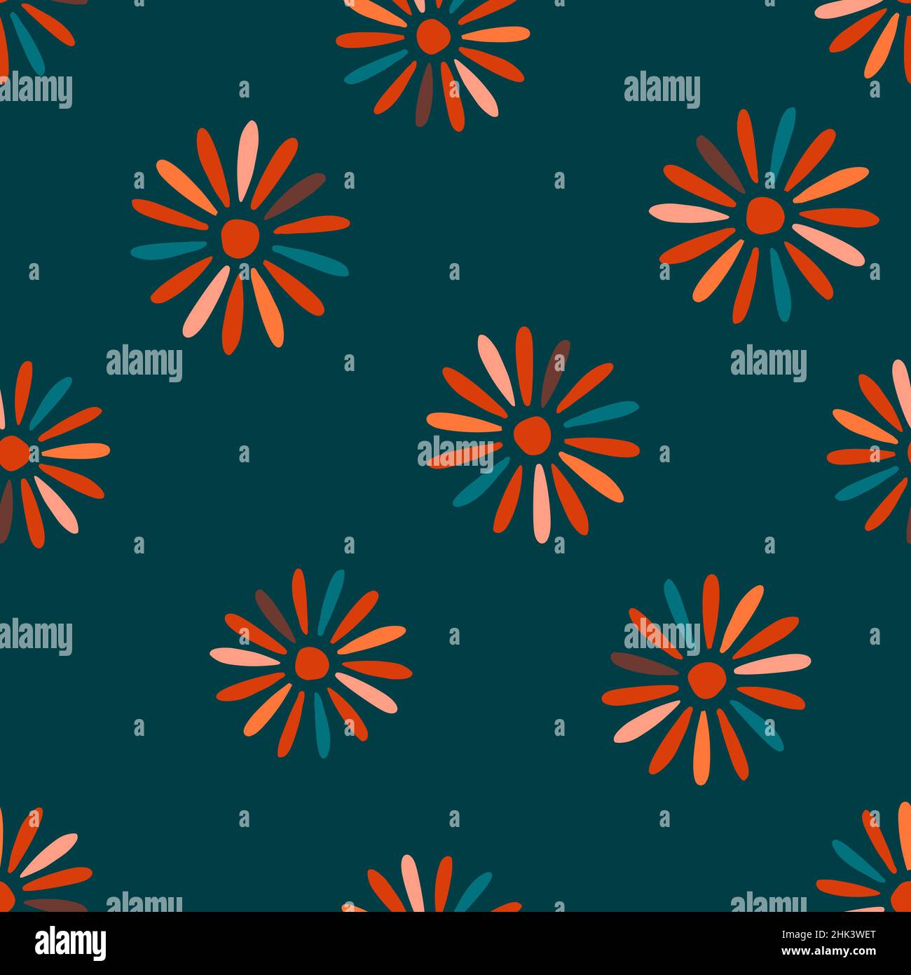 Random red abstract daisy silhouettes seamless pattern. Nature backdrop ...