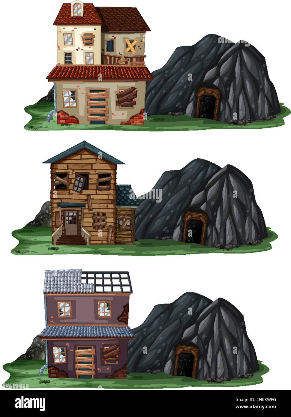 Set of different abandoned houses with rock cave illustration Stock ...
