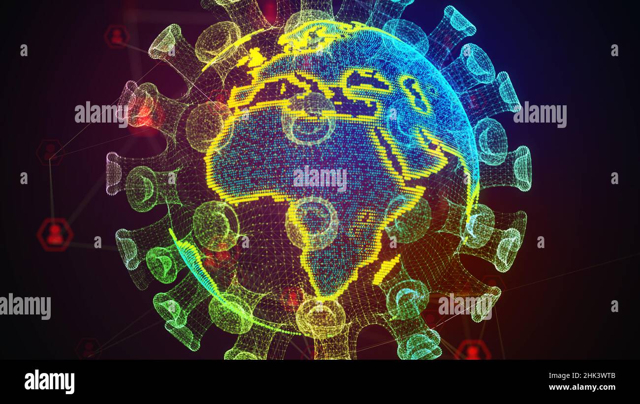 Glowing Omicron covid-19 made of neon particles. Bright magic spread ...