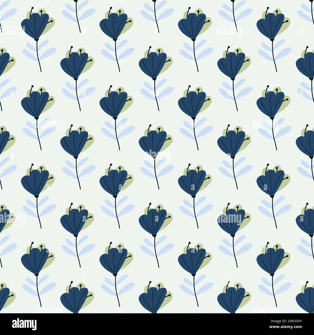 Contrast seamless pattern with doodle navy blue simple flowers elements ...