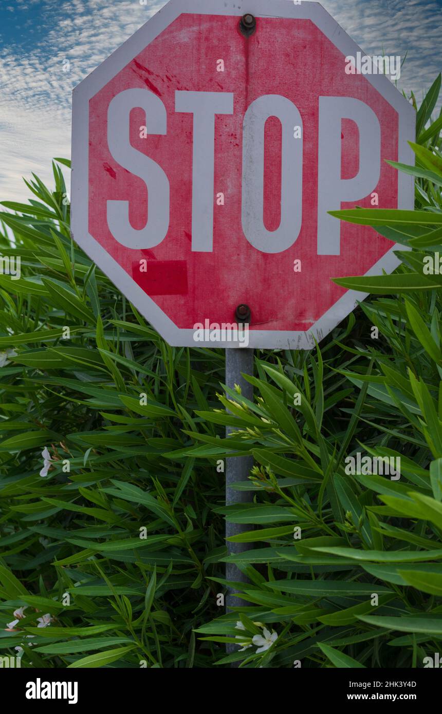 Red road sign with big white letters"Stop sign" (Rhodes, Greece Stock ...