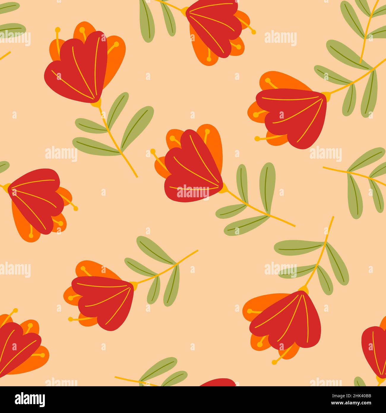 Red random cute flowers shapes seamless pattern in abstract style ...