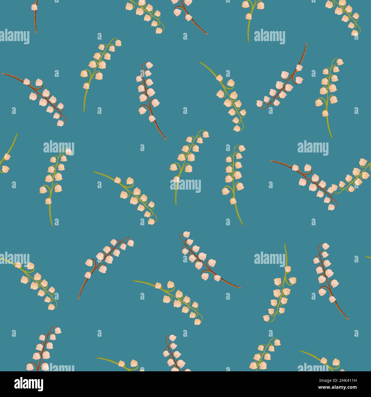 Decorative botanic seamless pattern with lily of the valley elements. Turquoise background ...