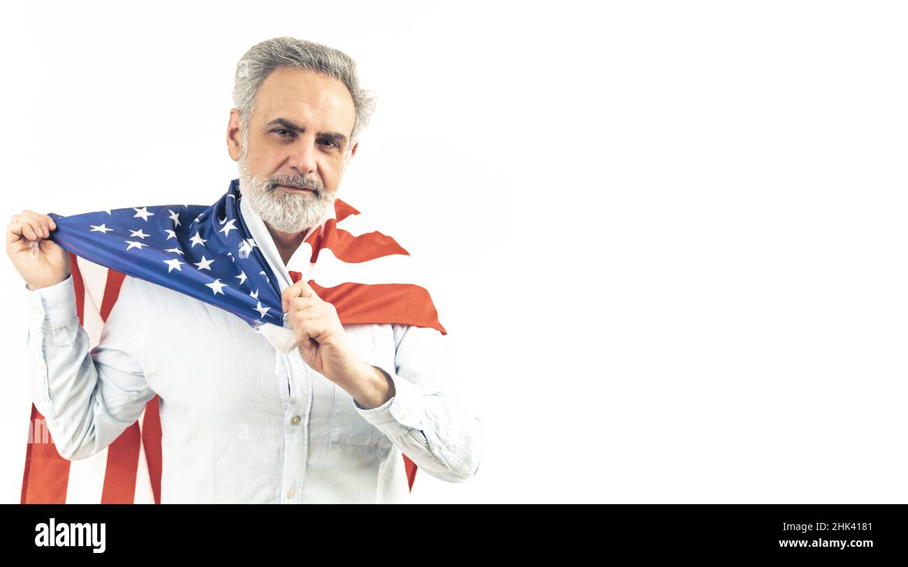 40s caucasian man covered in United States of America flag - portrait ...