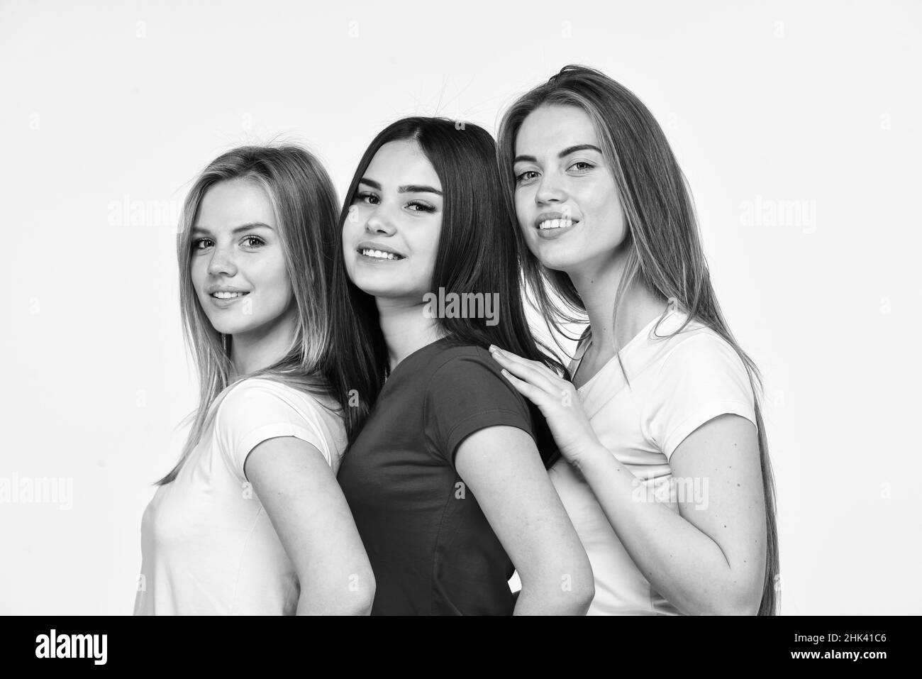 Group women friends on white background, she is special concept Stock ...