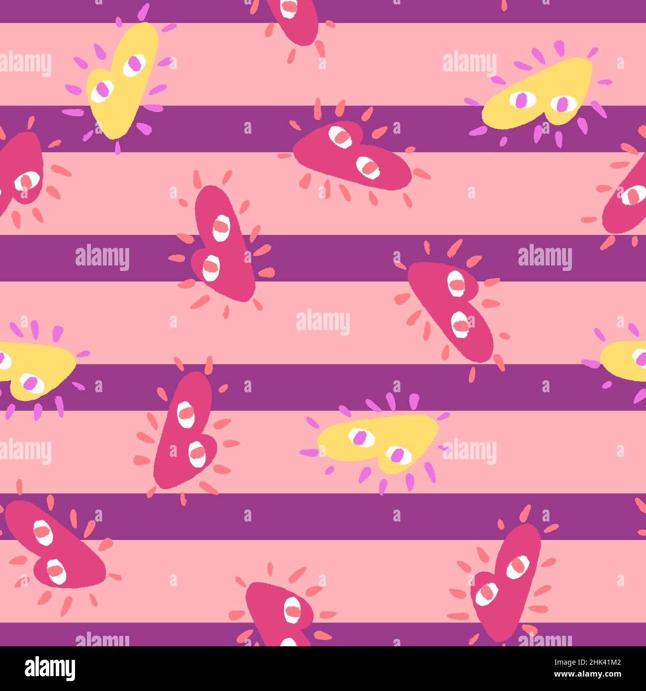 Childish random seamless pattern with pink and yellow abstract heart ...