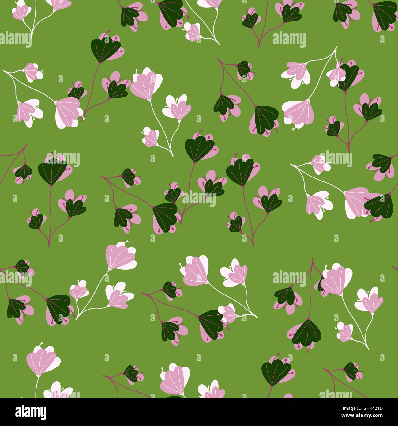 Lilac and green random flowers doodle seamless pattern. Summer botanic ...