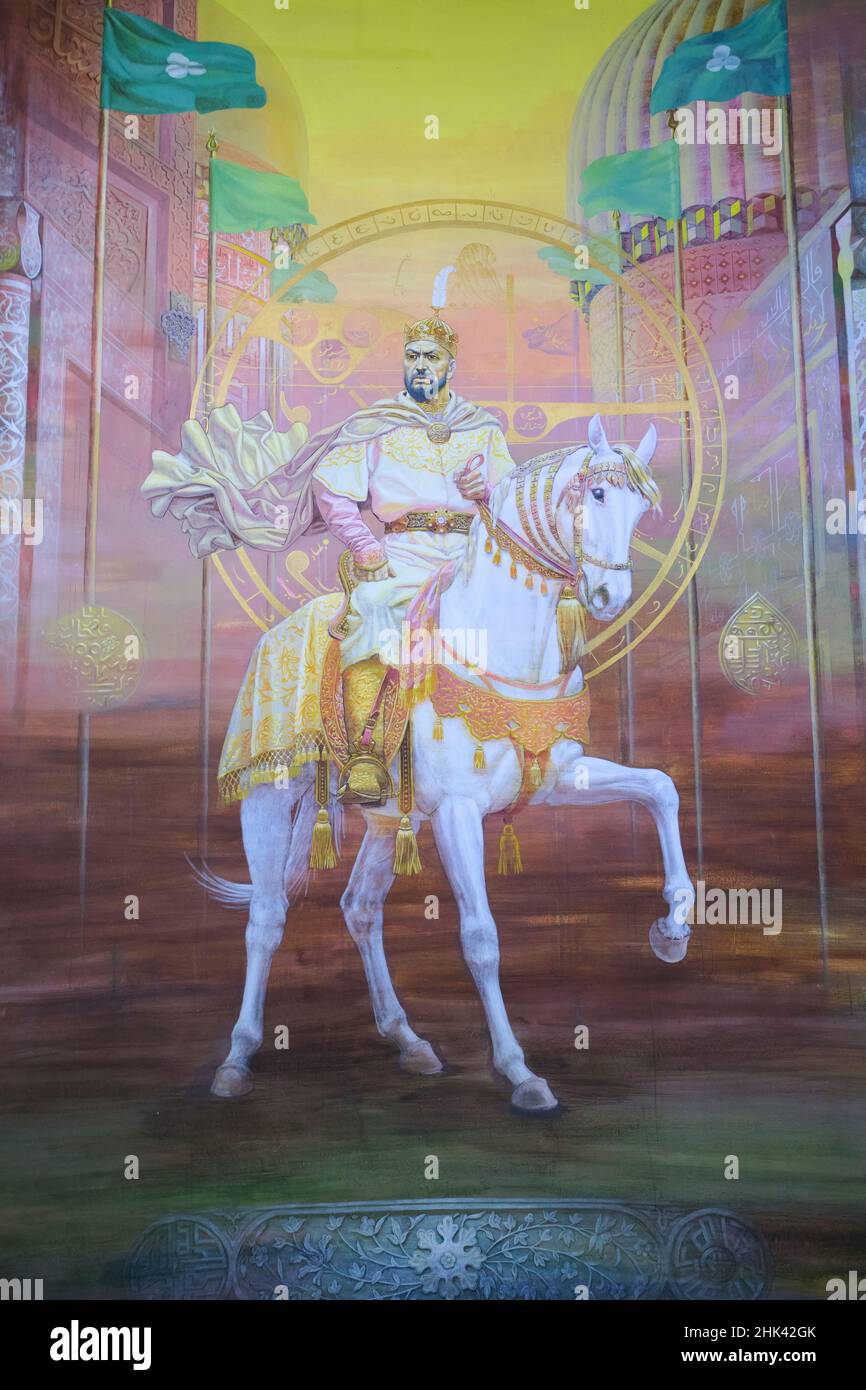 The great leader Amir Timur on a white horse. Part of a large mural ...
