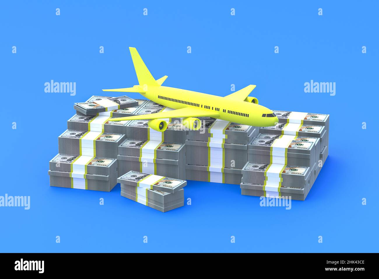 Lot of paper banknotes and passenger plane on blue background. Concept ...