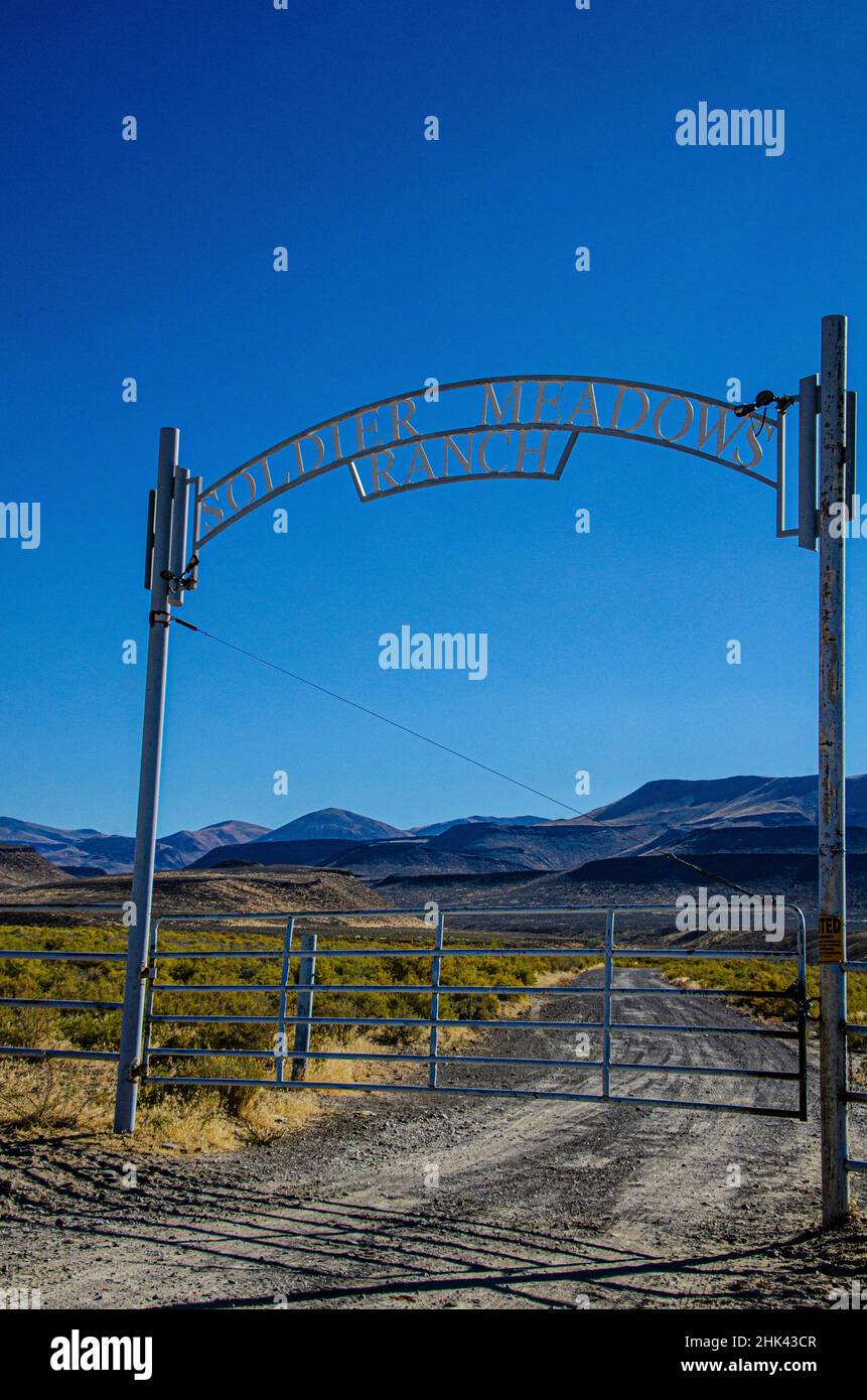 USA, Nevada, Black Rock Desert, Soldier Meadows Ranch arch entrance ...