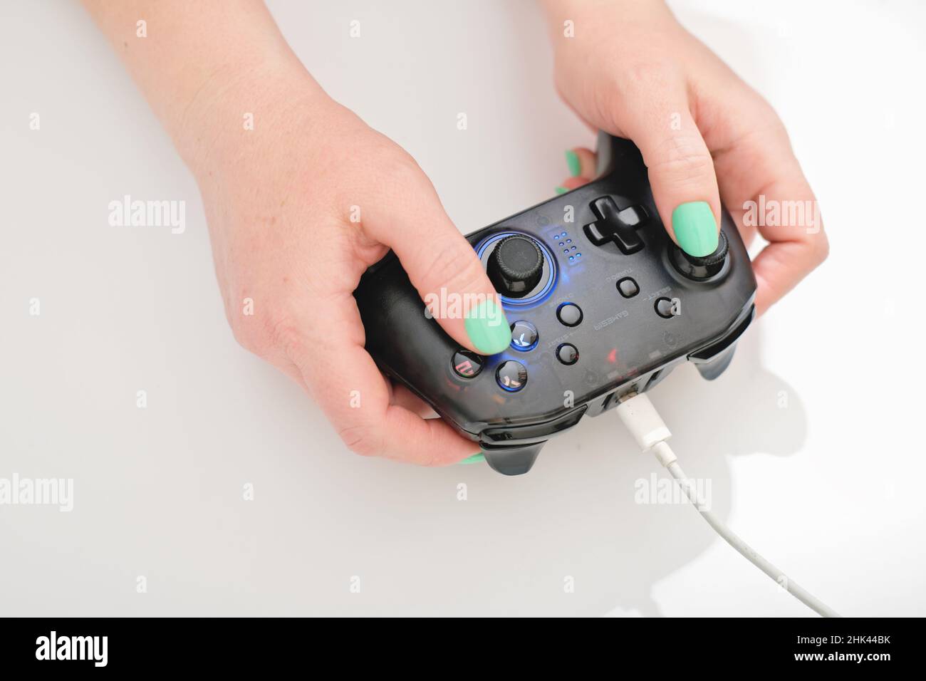 woman gaming controller on white background, gaming and esports ...
