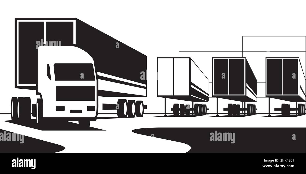 Truck with container exits cargo terminal – vector illustration Stock ...