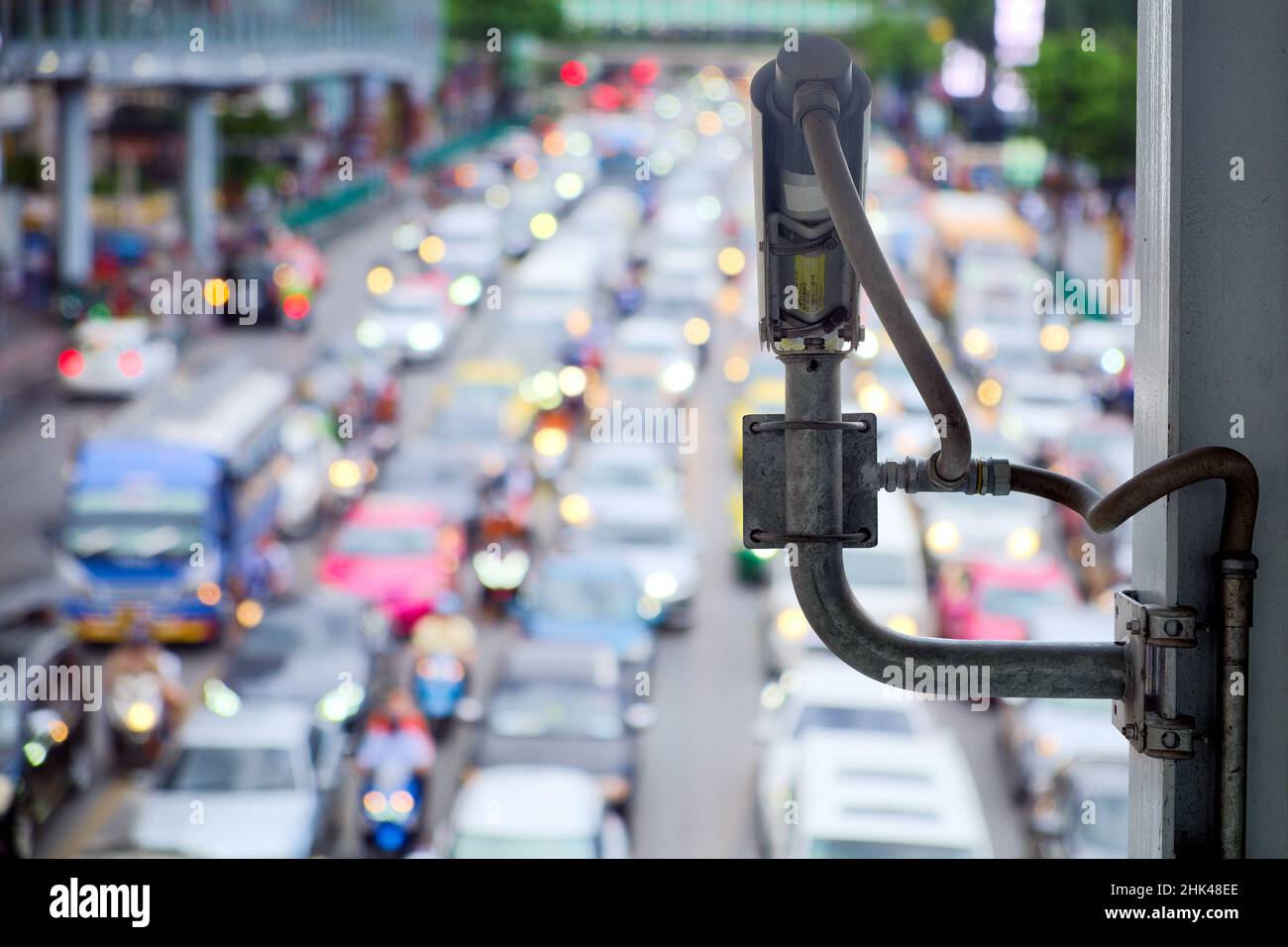Rear view of CCTV cameras that installed on footbridge to monitor on ...