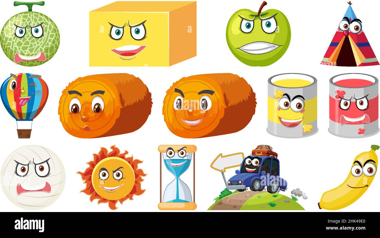 Set of different toy objects with smiley faces illustration Stock ...