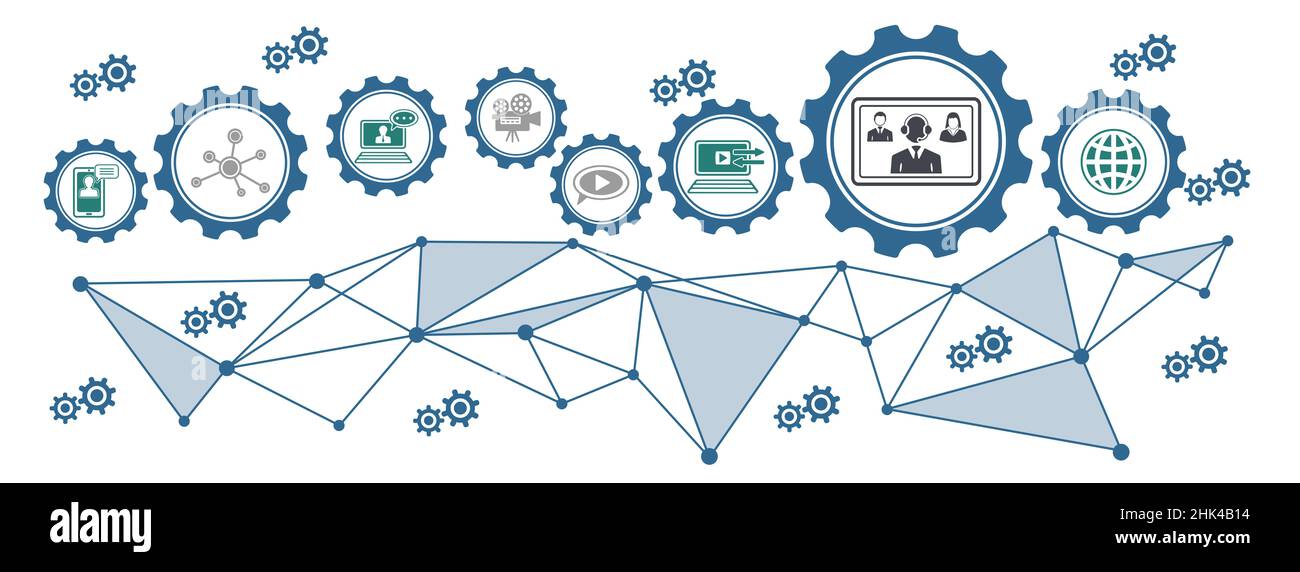 Concept of video conference with icons in cogwheels Stock Photo - Alamy