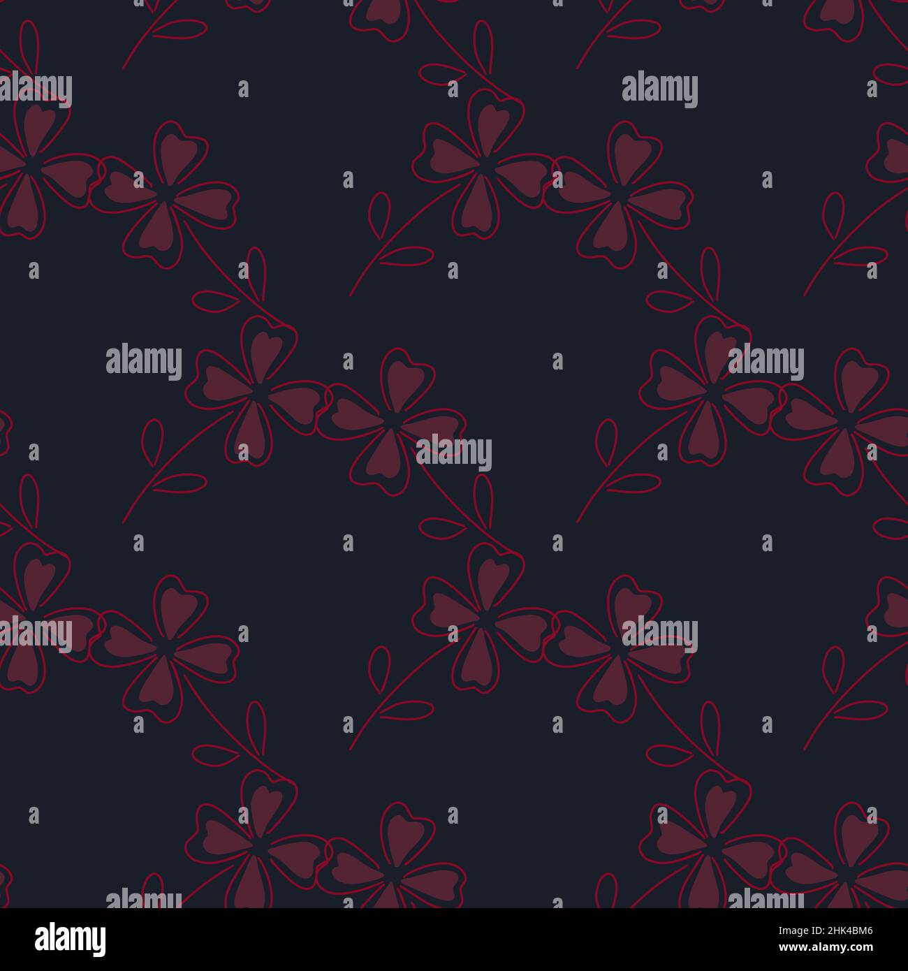 Dark seamless pattern with red four-leaf clover silhouettes. Black ...