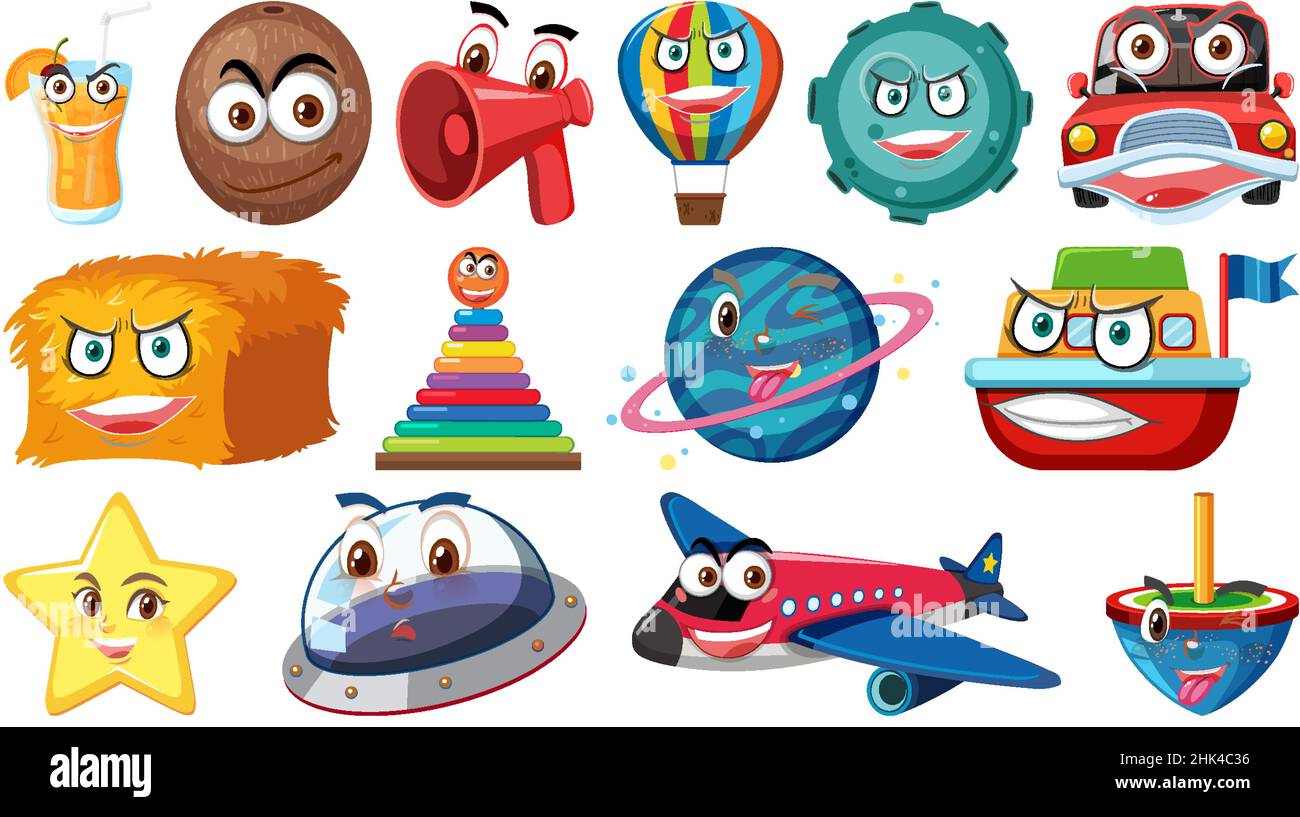 Set of different toy objects with smiley faces illustration Stock ...