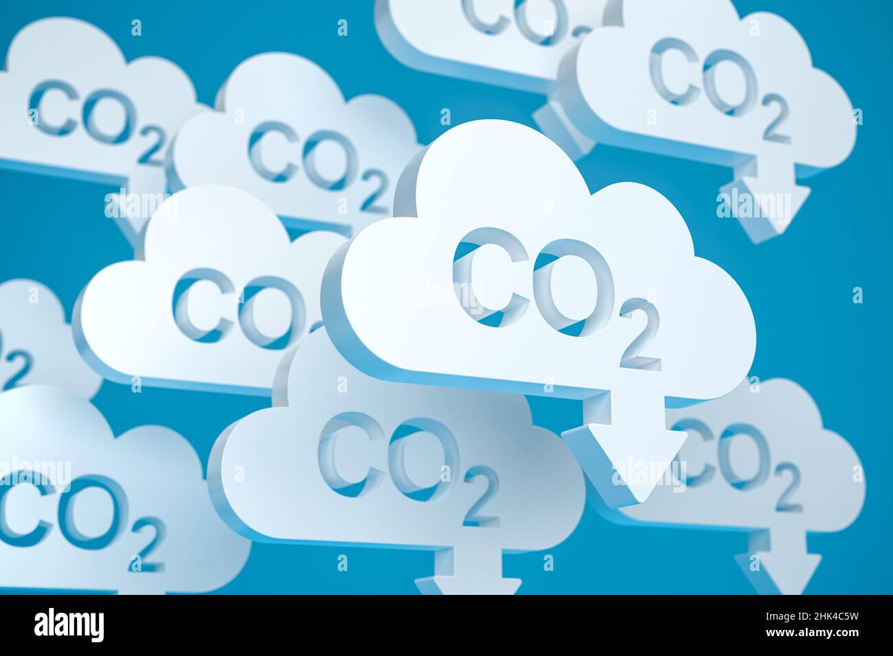 CO2 reduction concept. Cloud shaped objects with the word CO2 punched ...