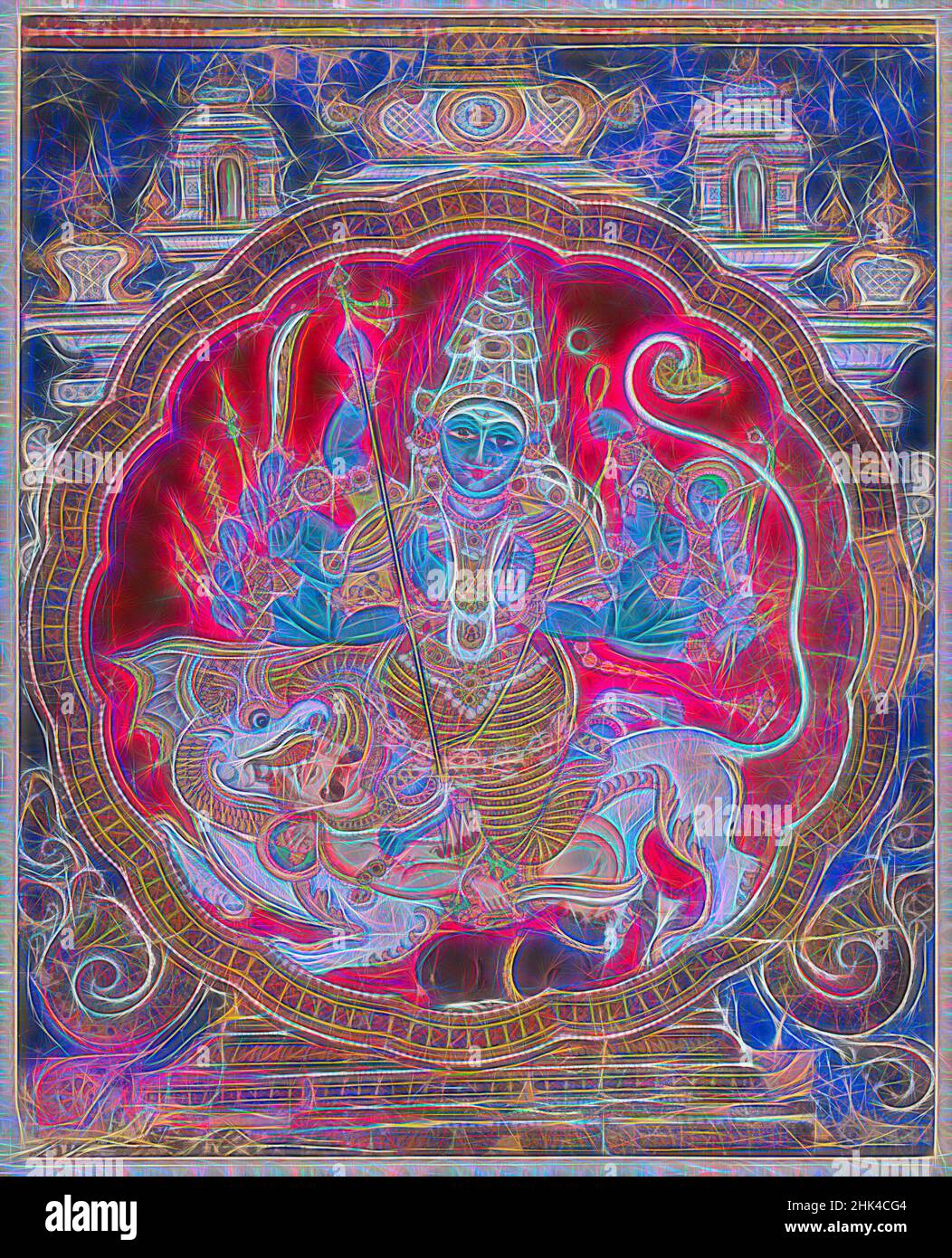 Inspired by Durga Killing the Buffalo Demon, Indian, Opaque watercolor ...