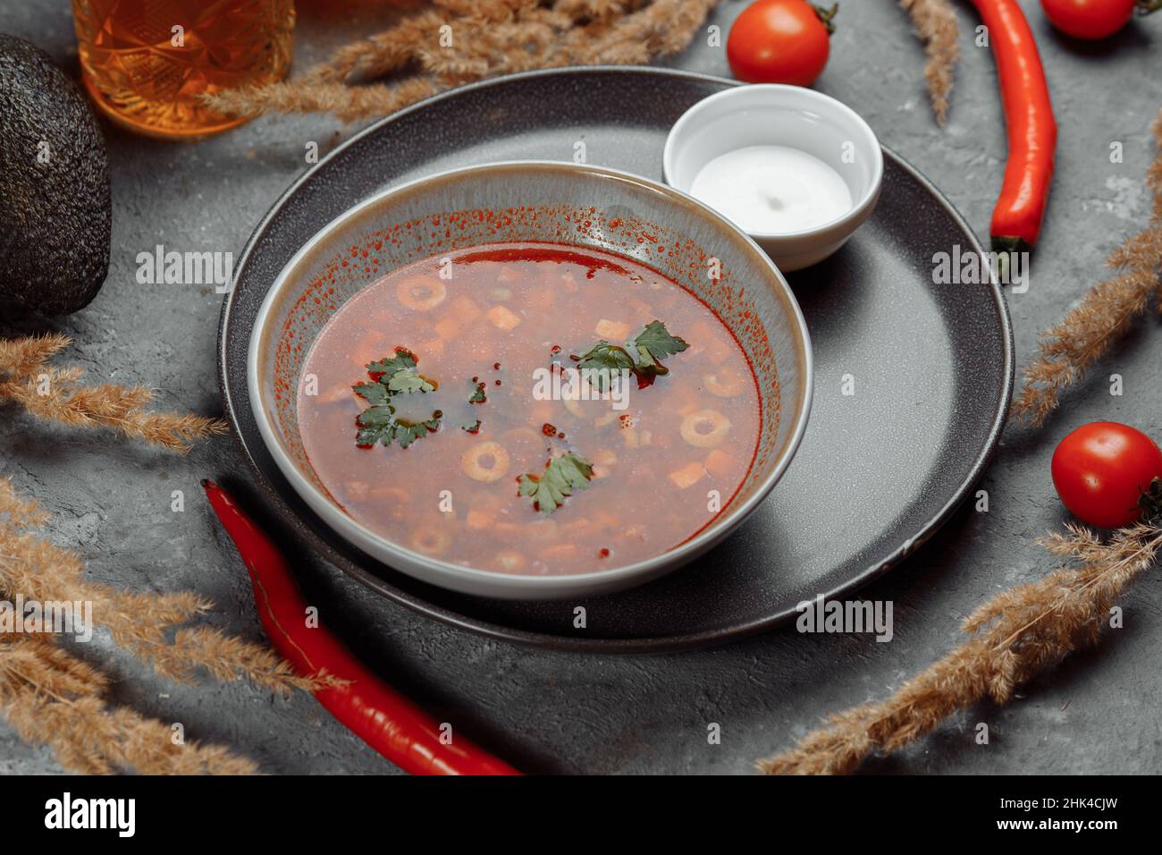 Traditional russian Solyanka or saltwort soup. Selective focus. photo ...