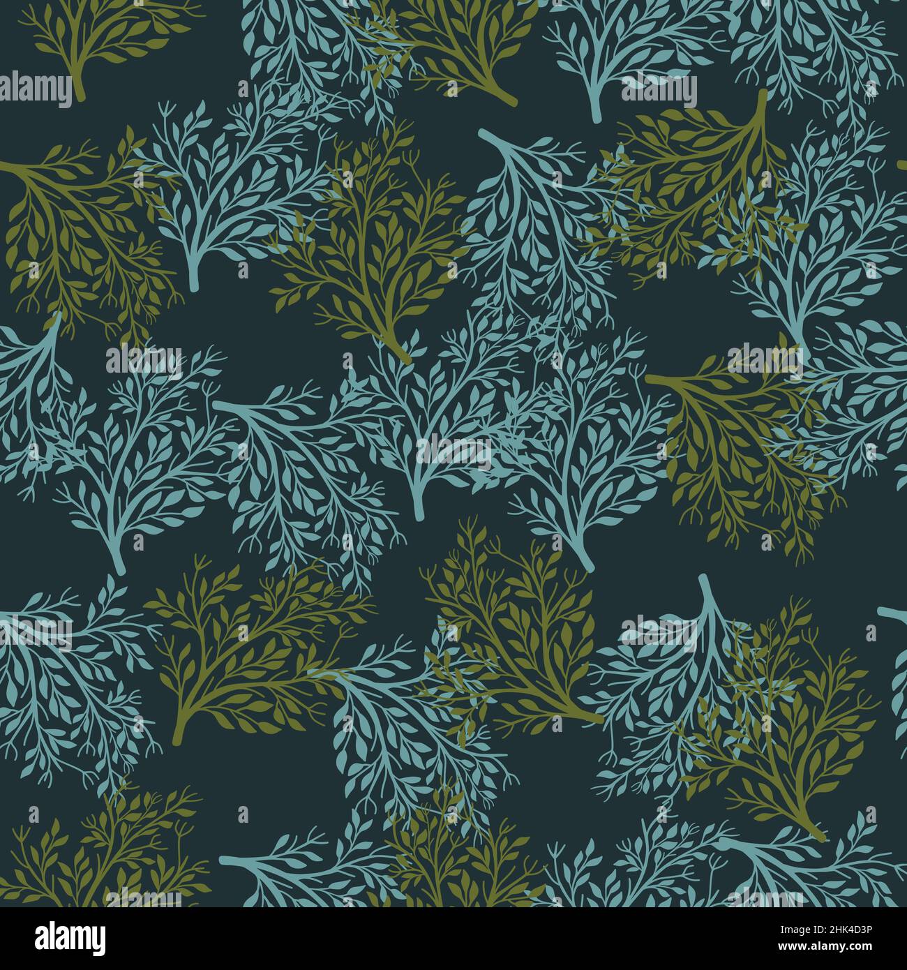 Random green and blue bush seamless pattern in hand drawn style. Dark ...