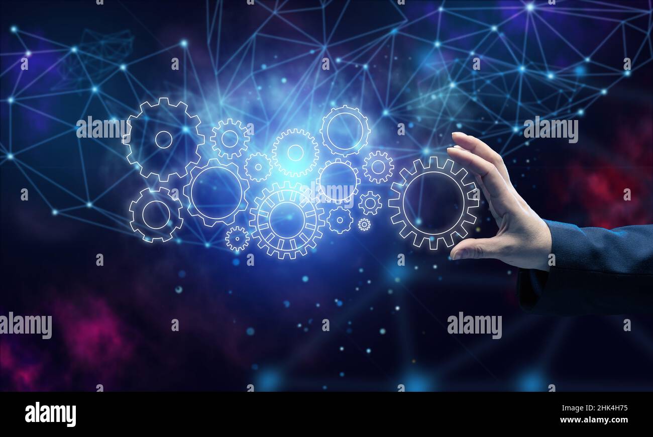 gear wheels and female hand on a blue background. Business structure ...