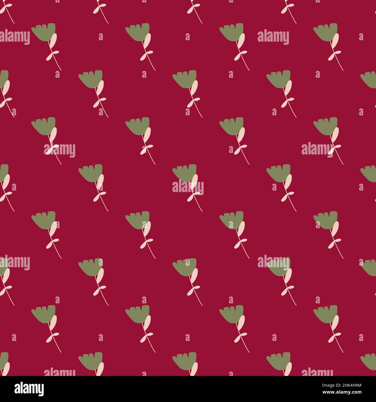 Hand drawn seamless pattern with green flowers elements print. Maroon ...