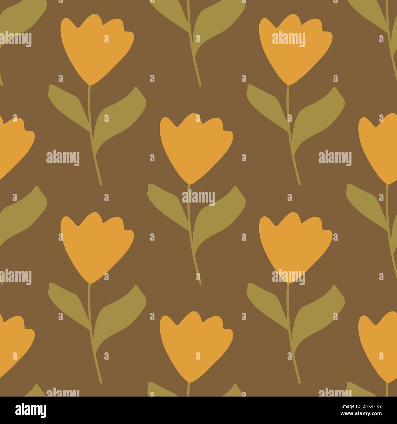 Decorative seamless pattern with hand drawn orange simple tulip flowers ...