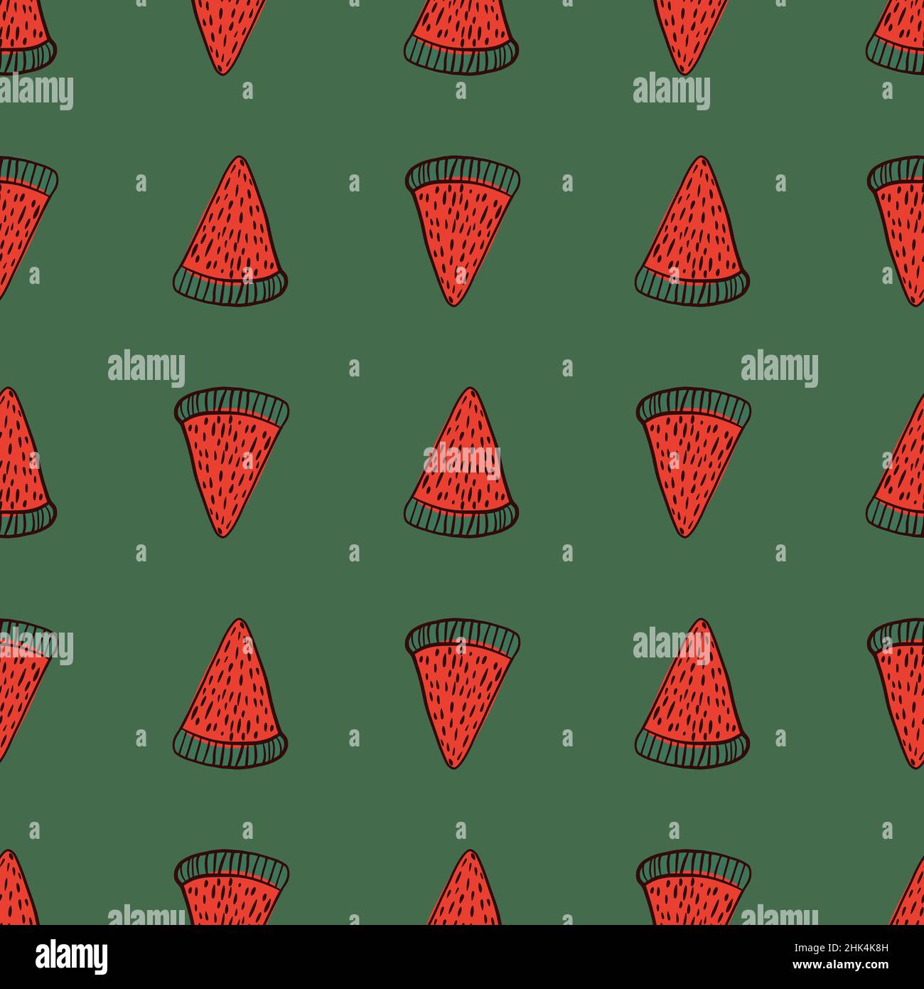 Summer fresh food seamless pattern with doodle red watermelon elements ...