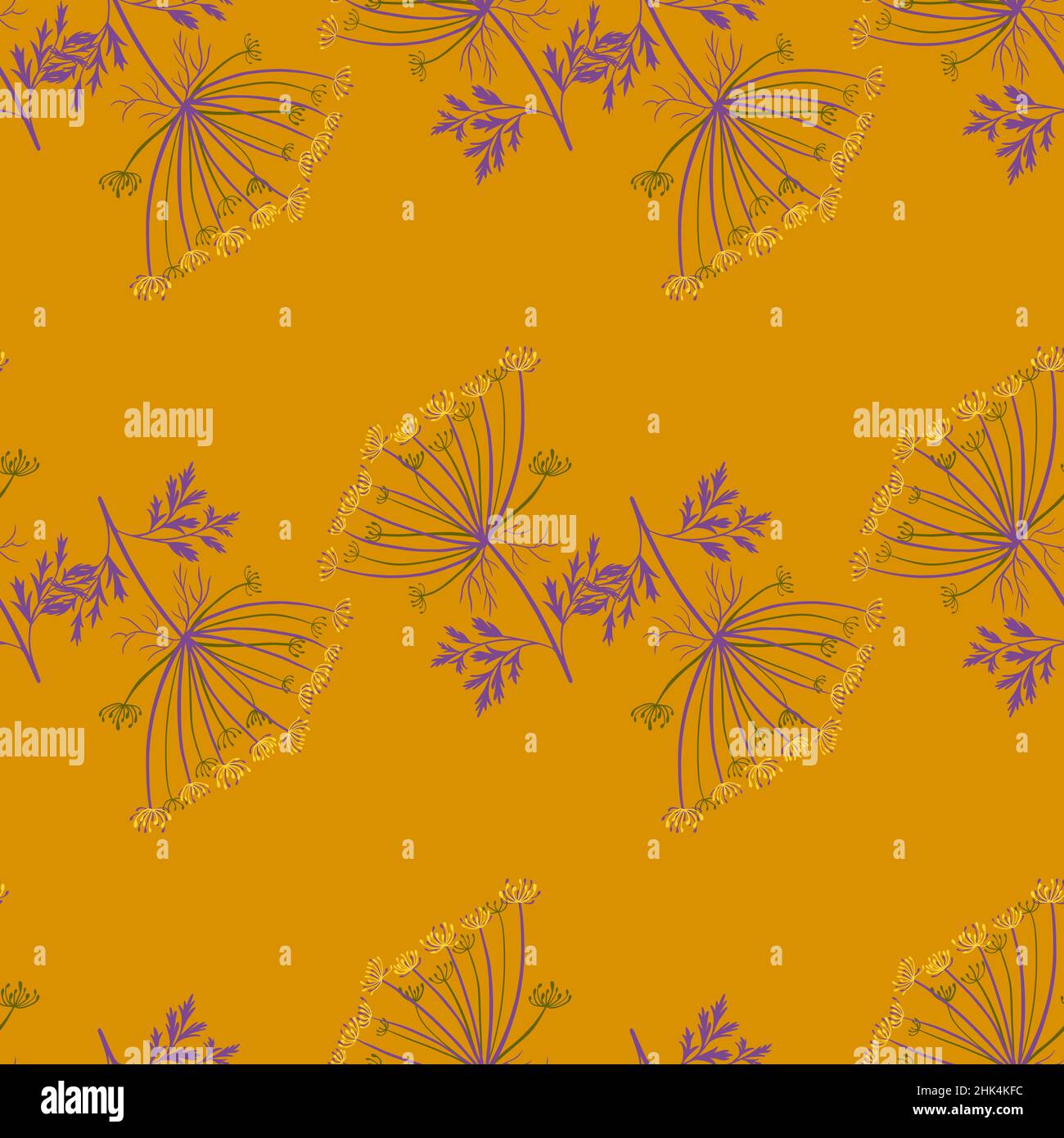 Purple yarrow silhouettes seamless pattern in doodle style. Orange ...