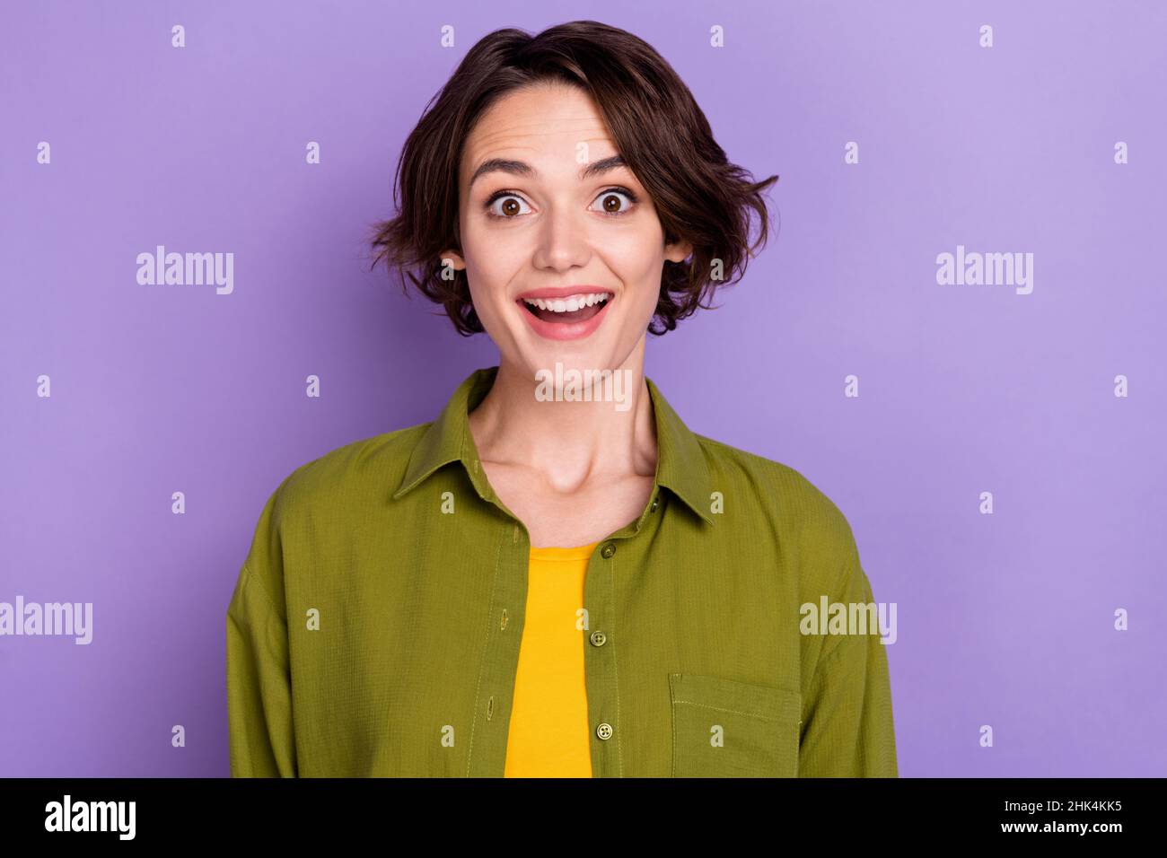 Photo of young pretty woman excited face reaction discount information ...