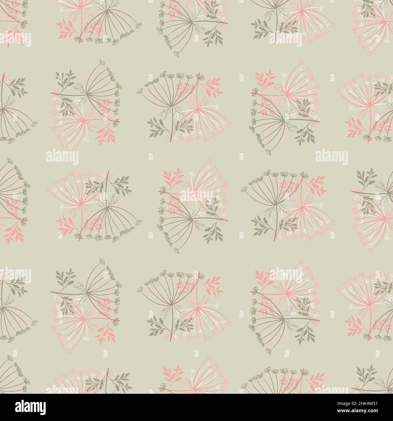 Decorative seamless pattern with pink colored dill umbrella silhouettes ...