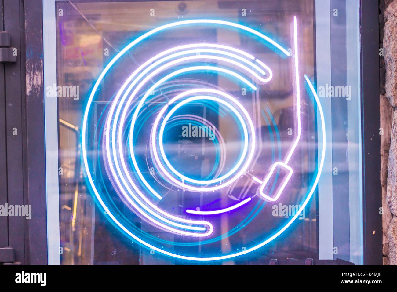 vinyl player neon sign disk record shop vintage analog Stock Photo - Alamy